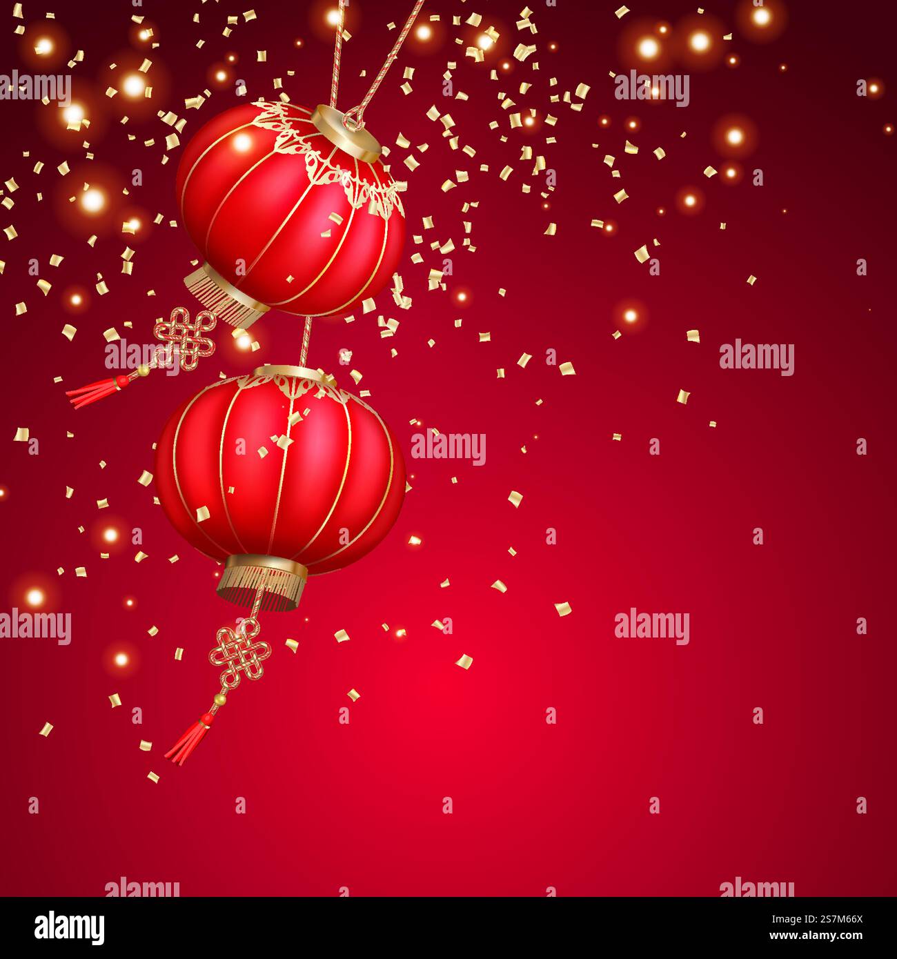 Chinese New Year card with swinging realistic Chinese lanterns ...