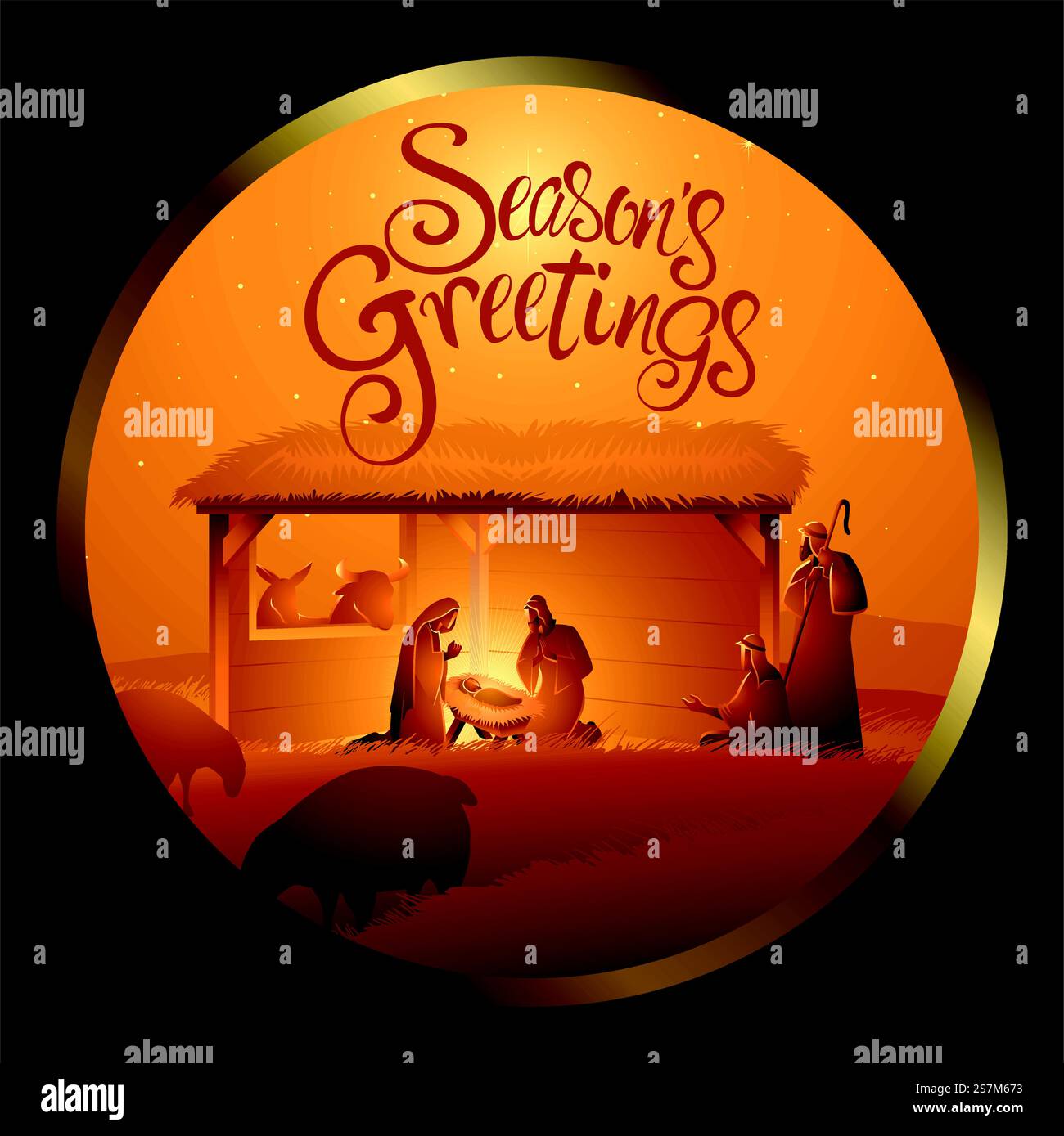 Nativity scene of The Holy Family in stable in circle frame for ...