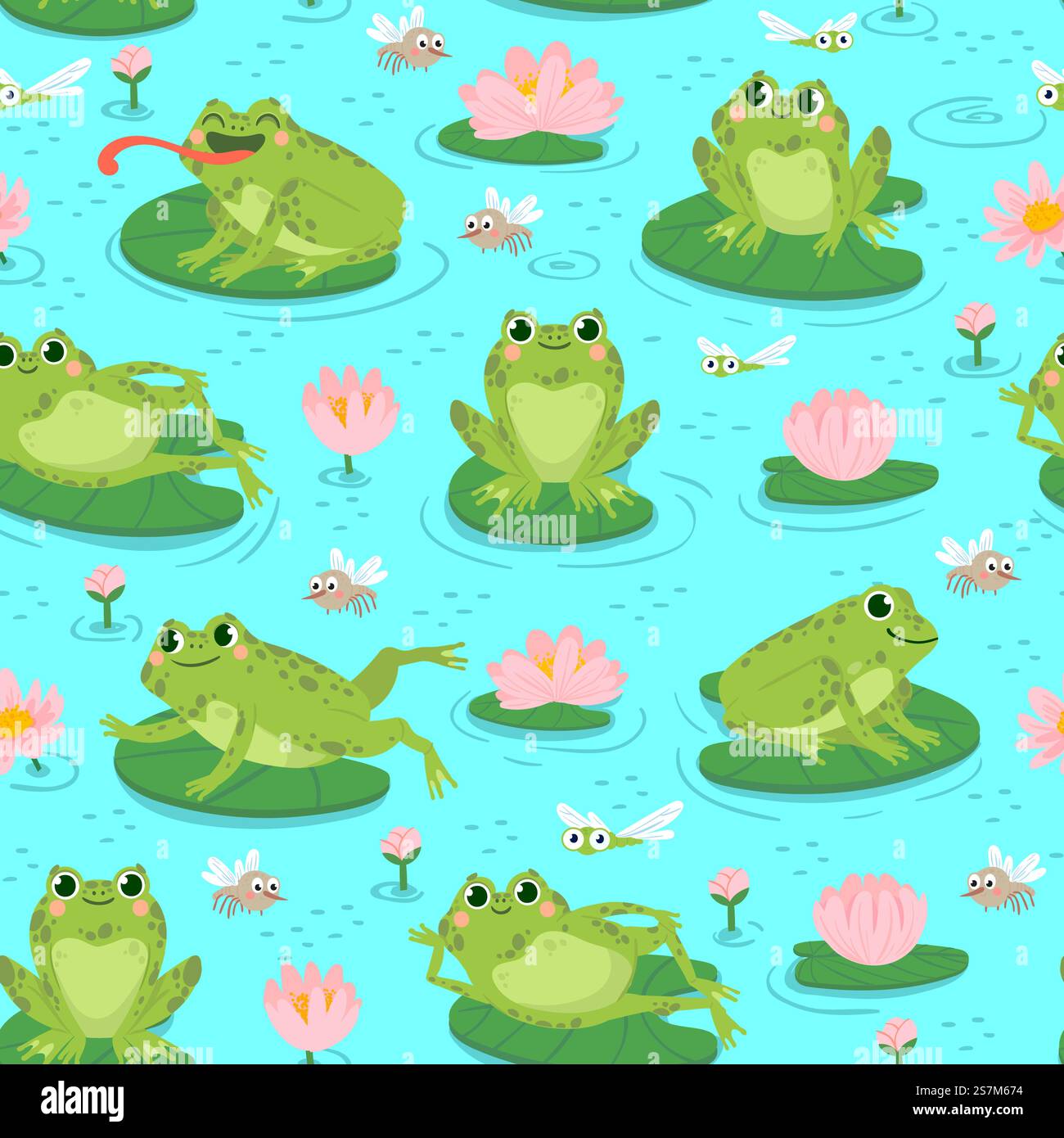 Frog seamless pattern. Repeating cute frogs and aquatic plants baby ...
