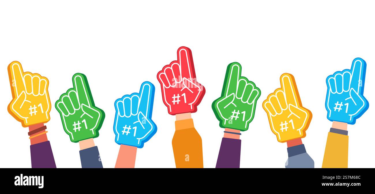 Fan foam fingers. Hands up with glove with number one, stadium ...