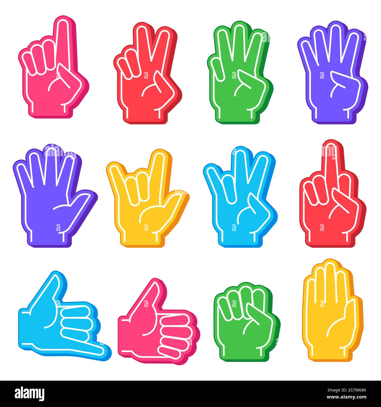 Foam fingers. Sports fan hand with different gesture. Numbers, ok sign ...