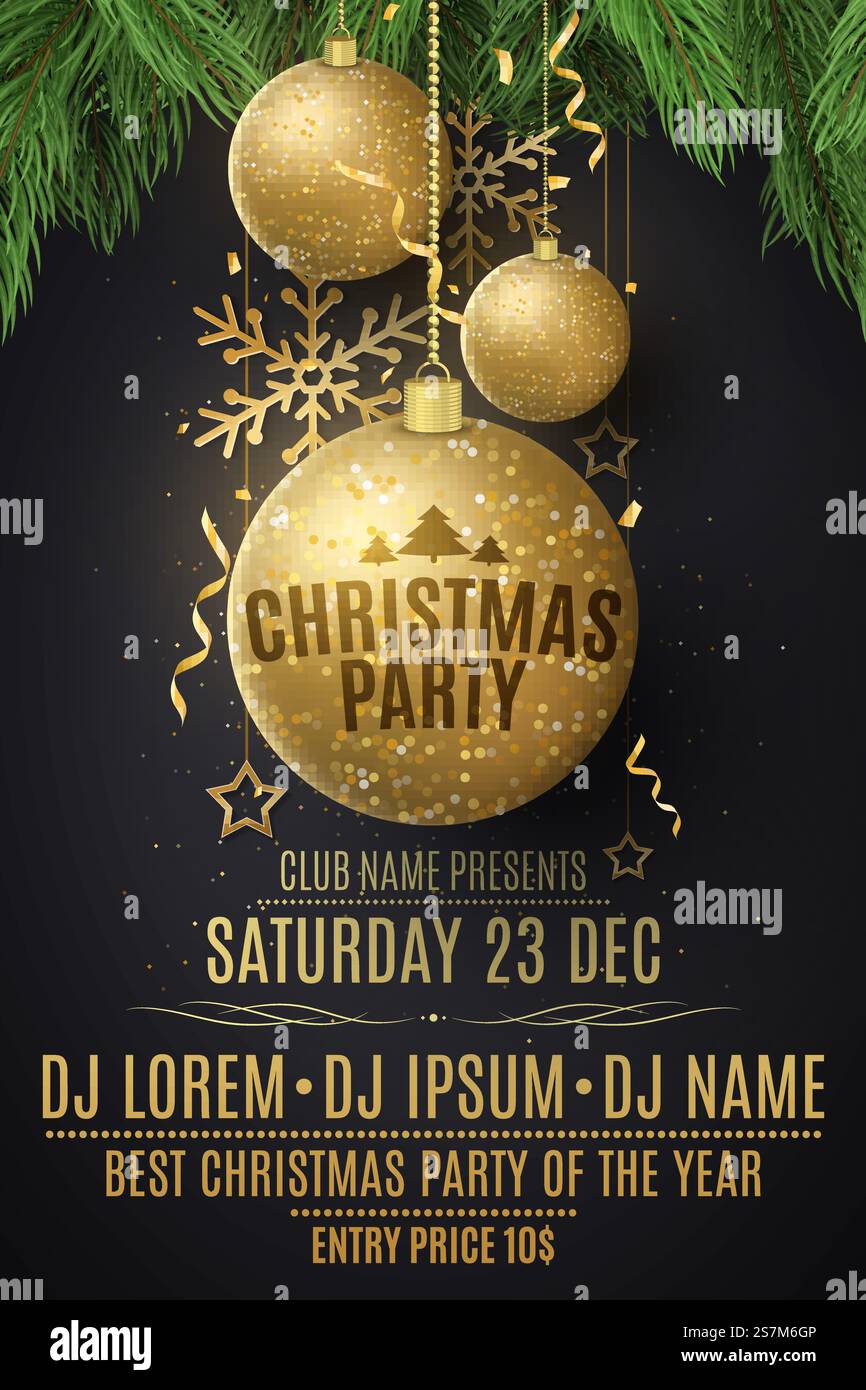 Christmas party flyer template. Decorations from glittering golden ...