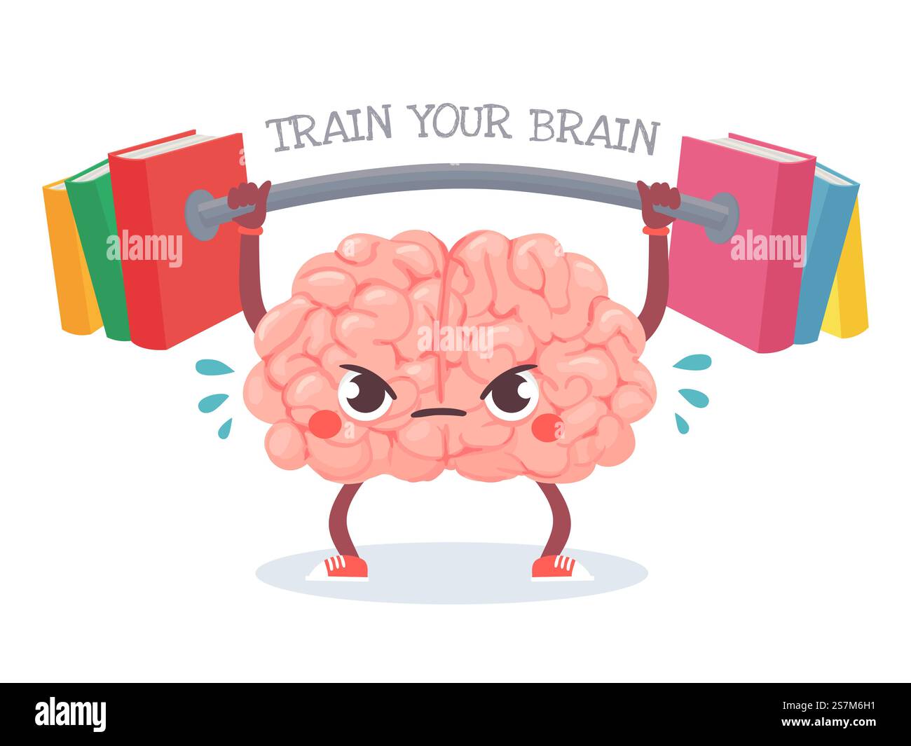 Brain training. Cartoon brain lifts weight with books. Train your ...