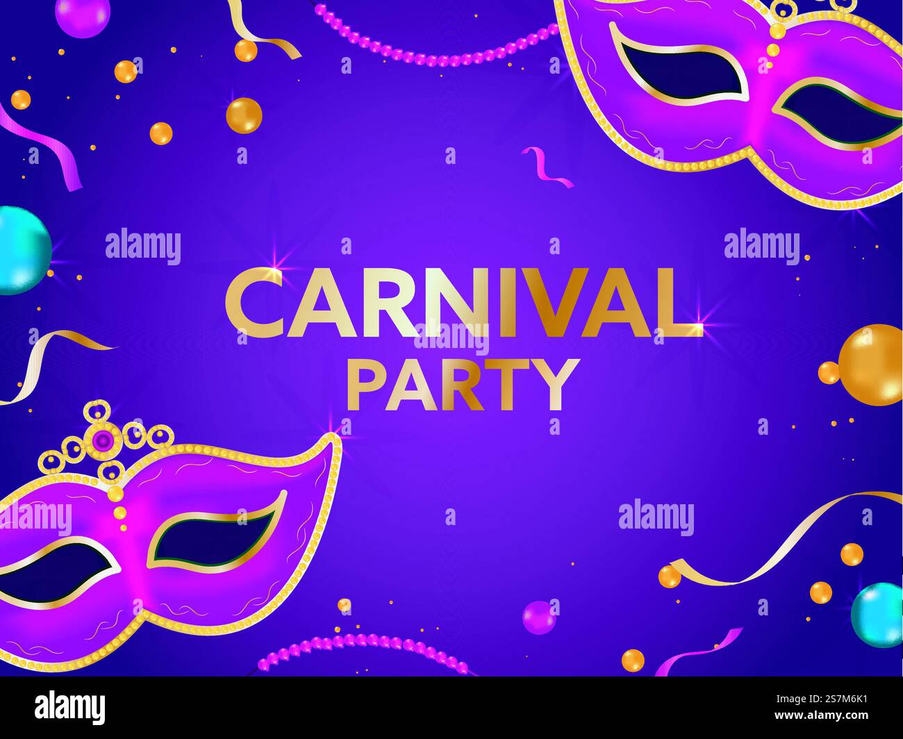Golden Carnival Party Text With Masquerade Masks, Beads And Confetti ...