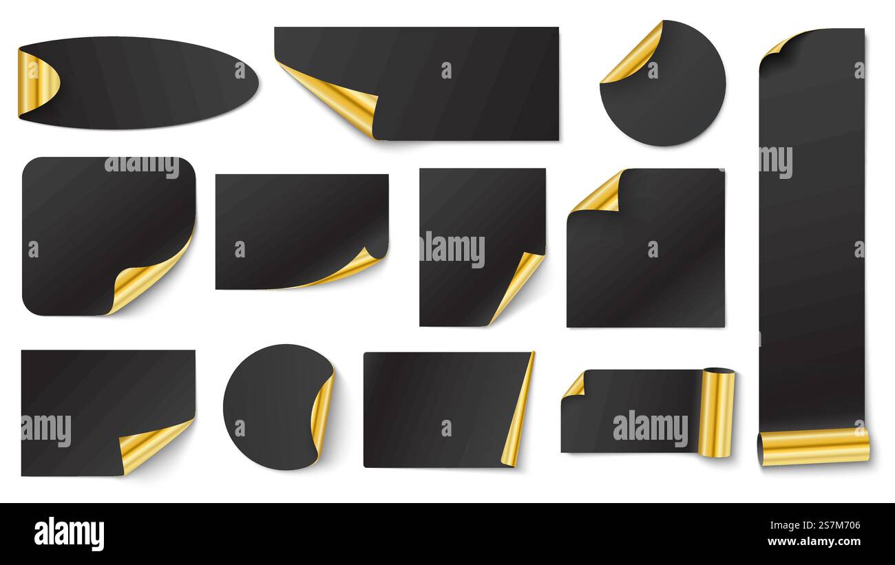 Black stickers with gold. Sticker gold corner on white, vector blank ...