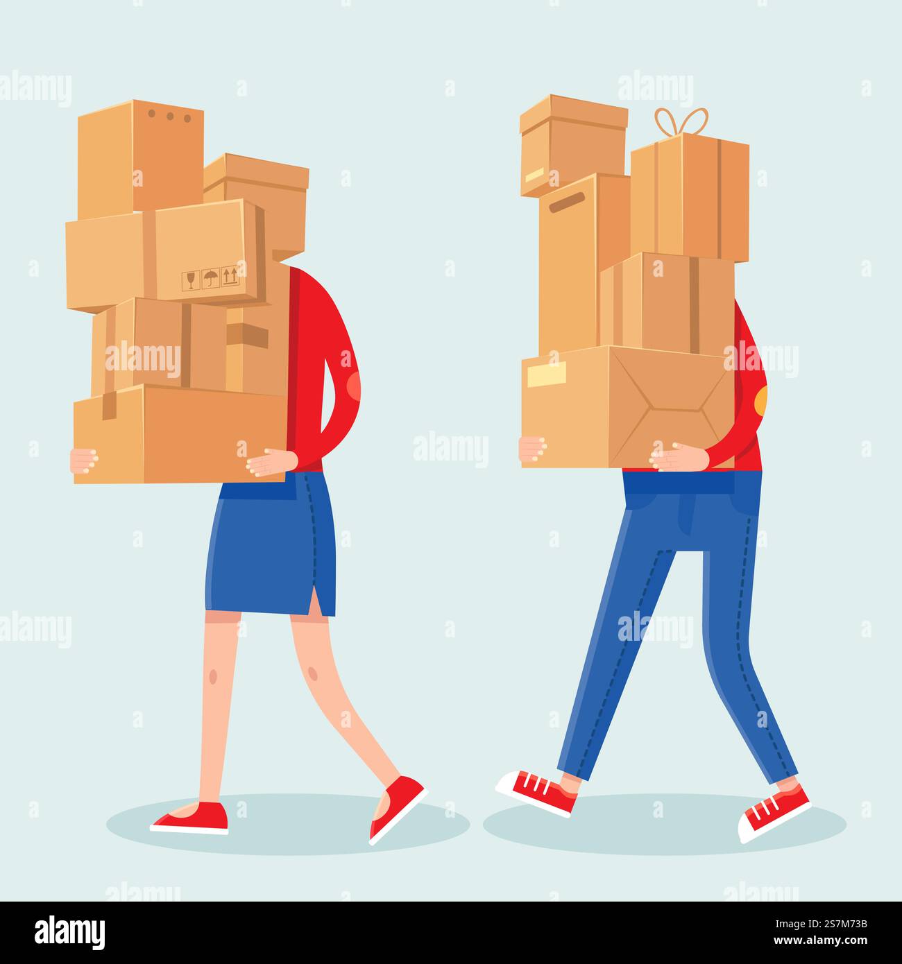 People carrying boxes stack. Cartoon man and woman with heavy carton ...