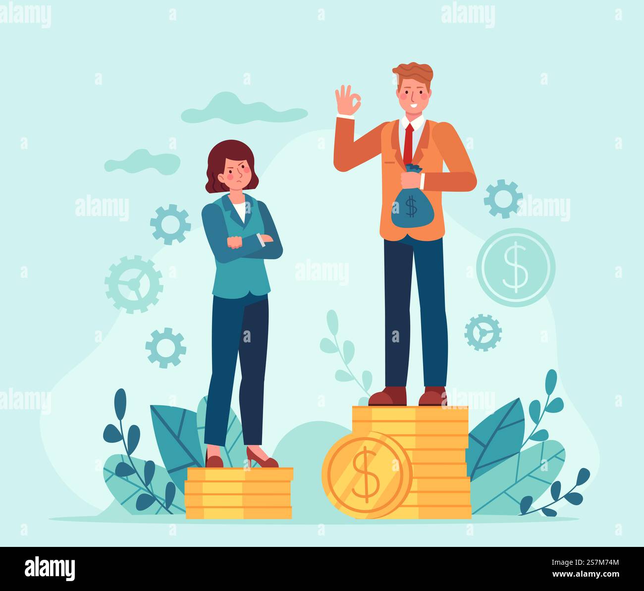 Gender salary gap. Business man and woman standing on unequal money ...