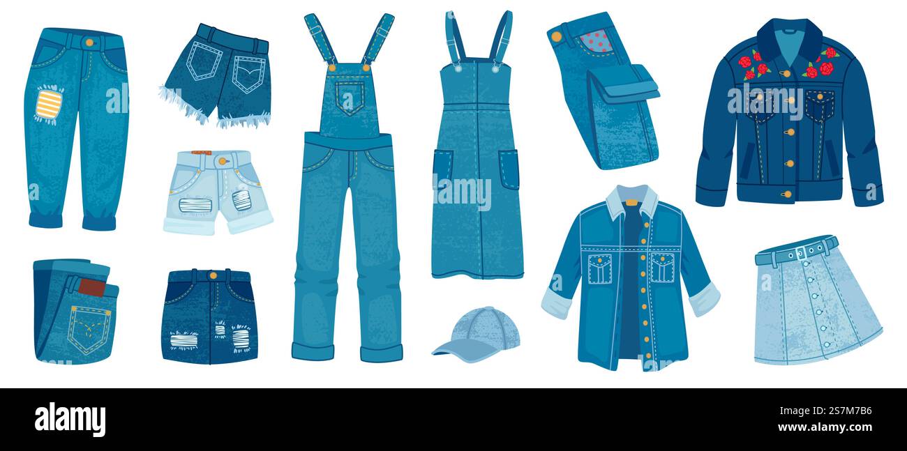 Jeans clothes. Ripped denim casual fashion. Cartoon trendy jean jacket ...