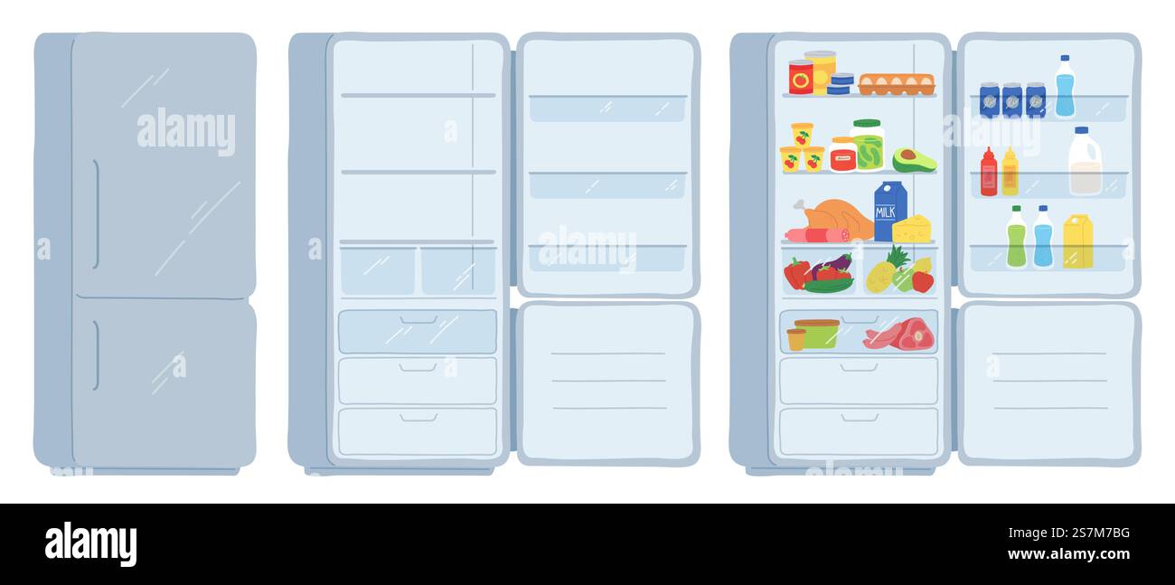 Open refrigerator. Closed, empty and full of food fridge. Cool shelves ...