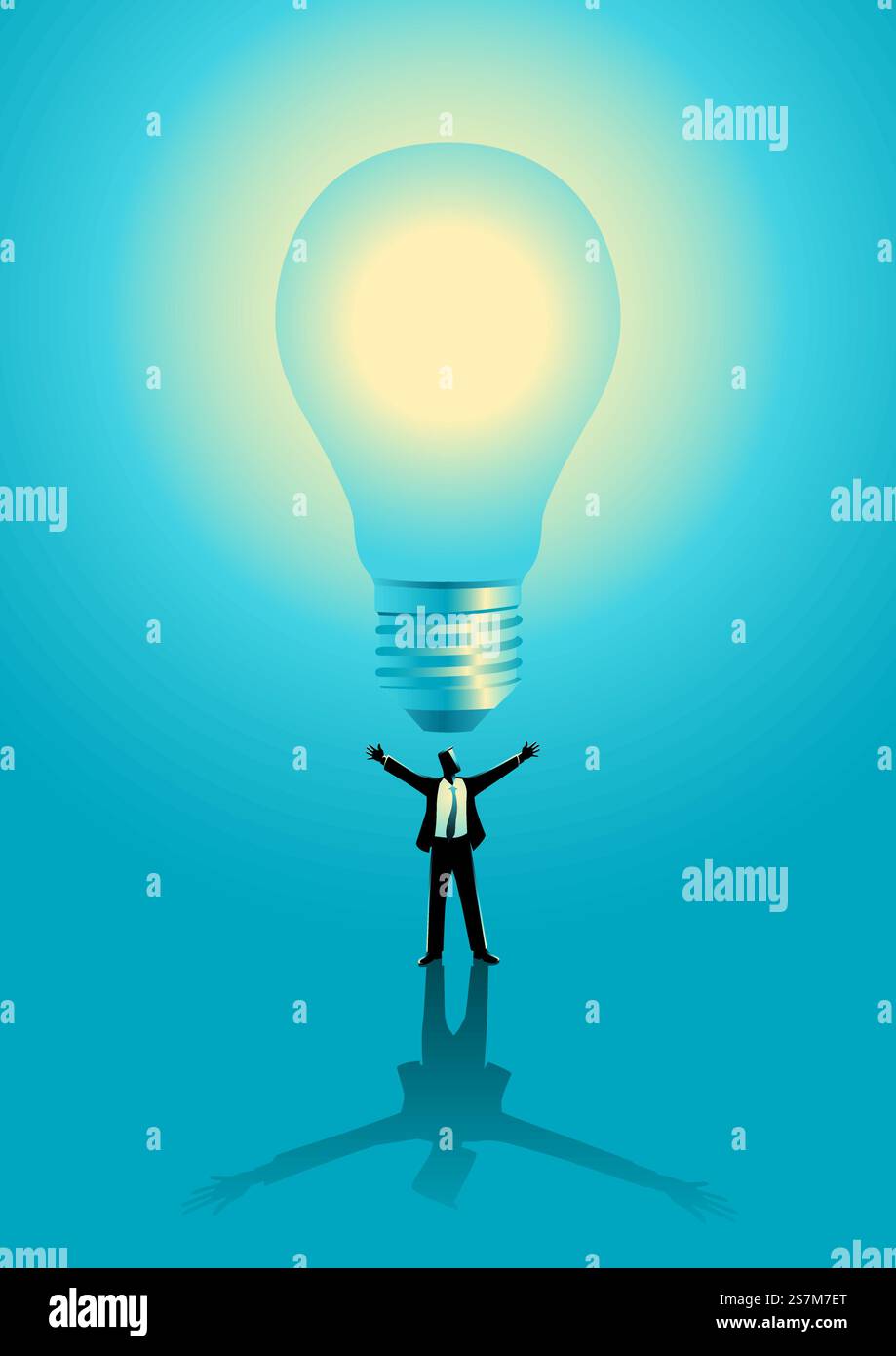 Business concept vector illustration of a businessman with giant bulb ...