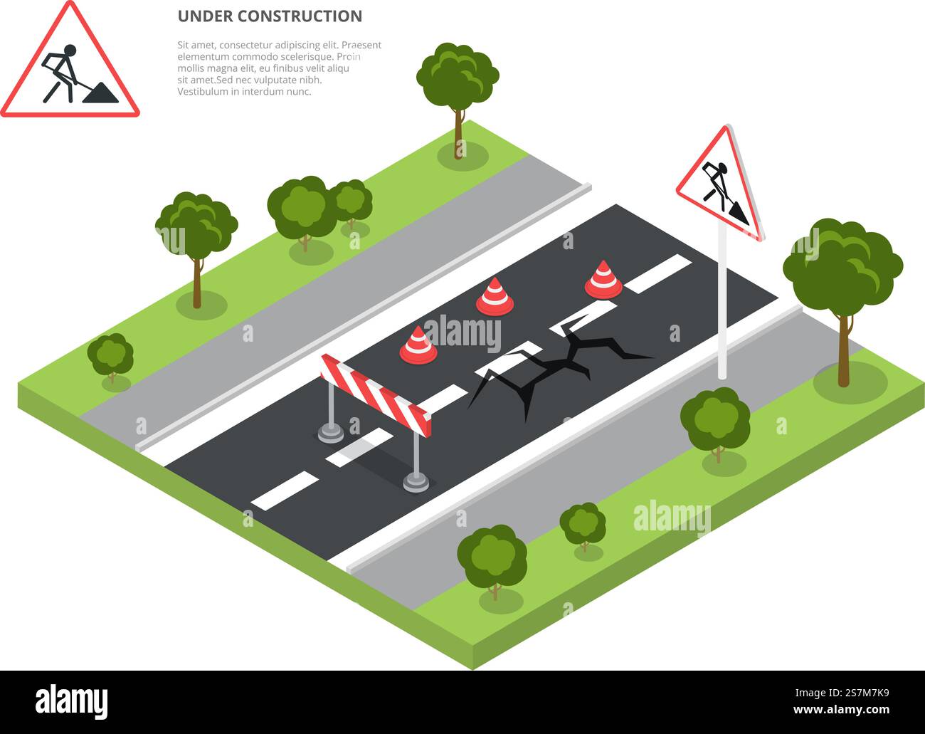 Road block under construction. Road sign, triangle cap, barrier. Flat ...