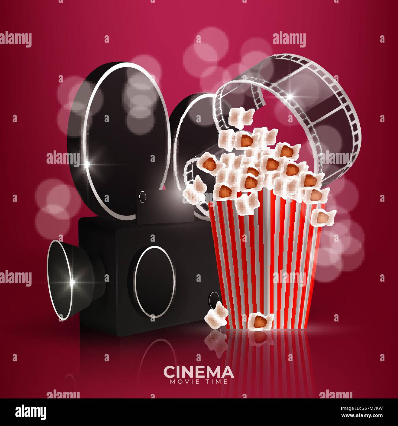 Cinema red background with 3d realistic objects popcorn, tape, tickets ...