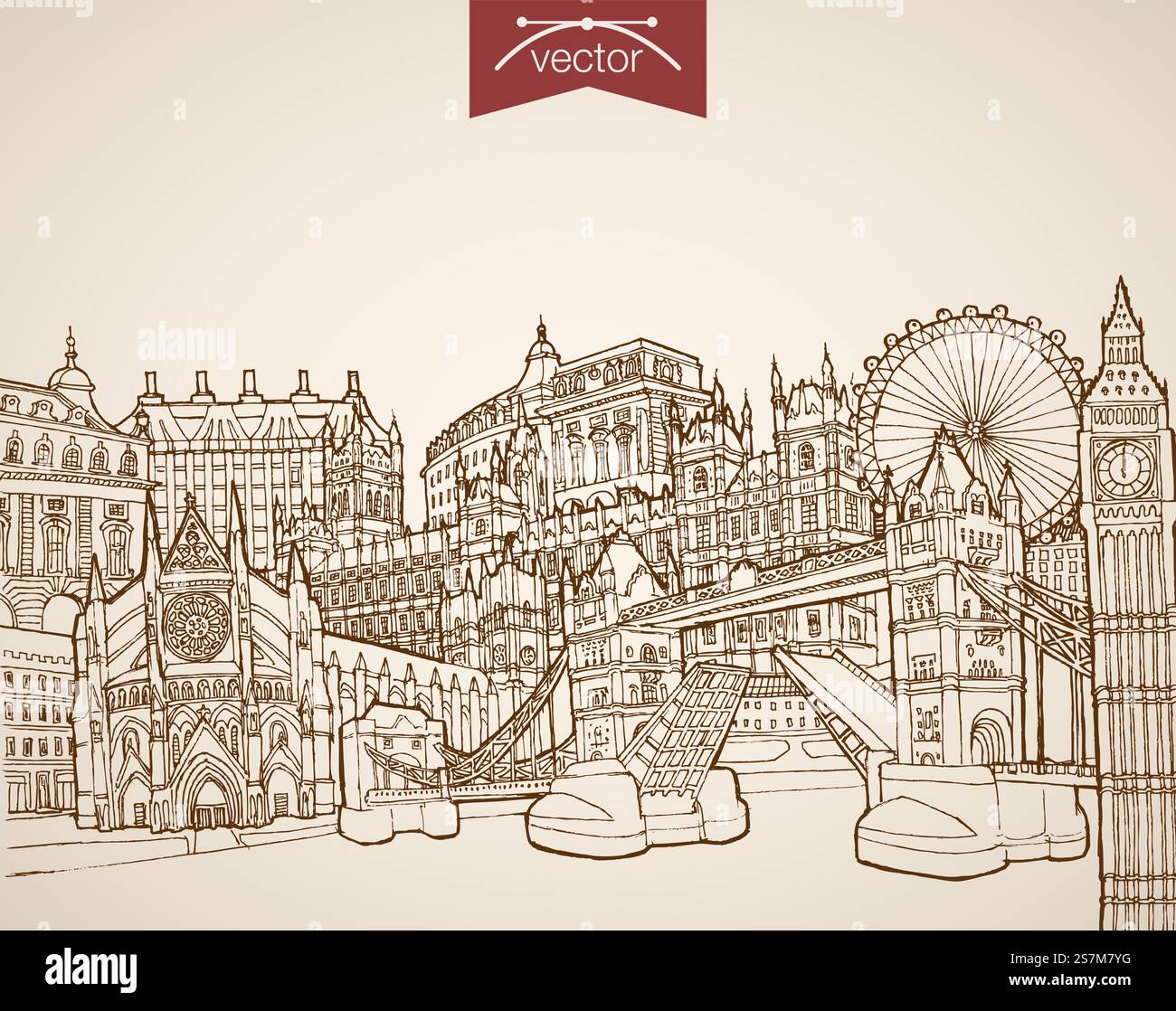 Engraving vintage hand drawn vector London sights and landmarks. Pencil ...