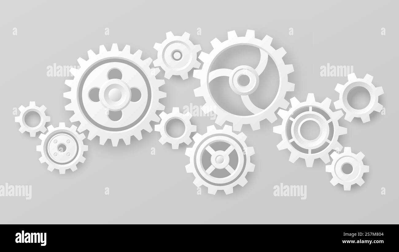 Gear wheels. Realistic 3d white cogs and gears mechanism. Teamwork cooperation machine symbolism ...
