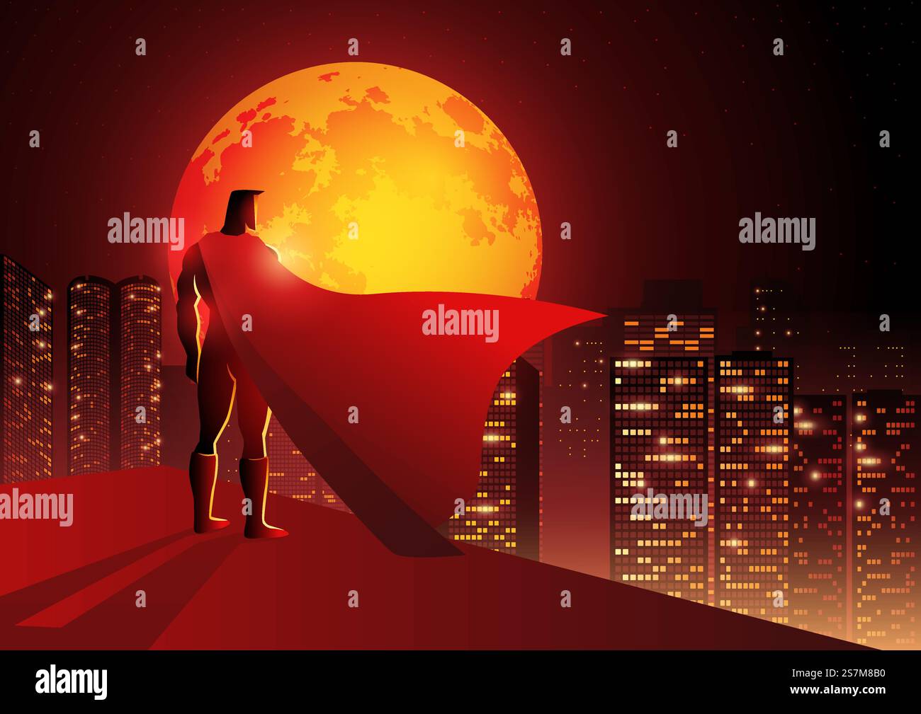 Silhouette of a superhero standing on the edge of a building with night ...