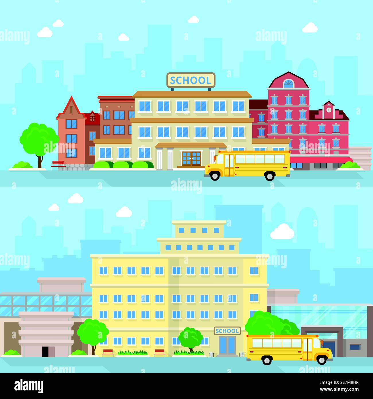 Flat school bus and building facade entrance set vector illustration ...