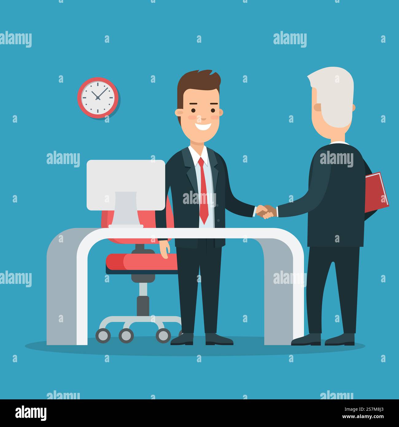Flat young smiley businessmen handshaking, partner’s meeting vector ...