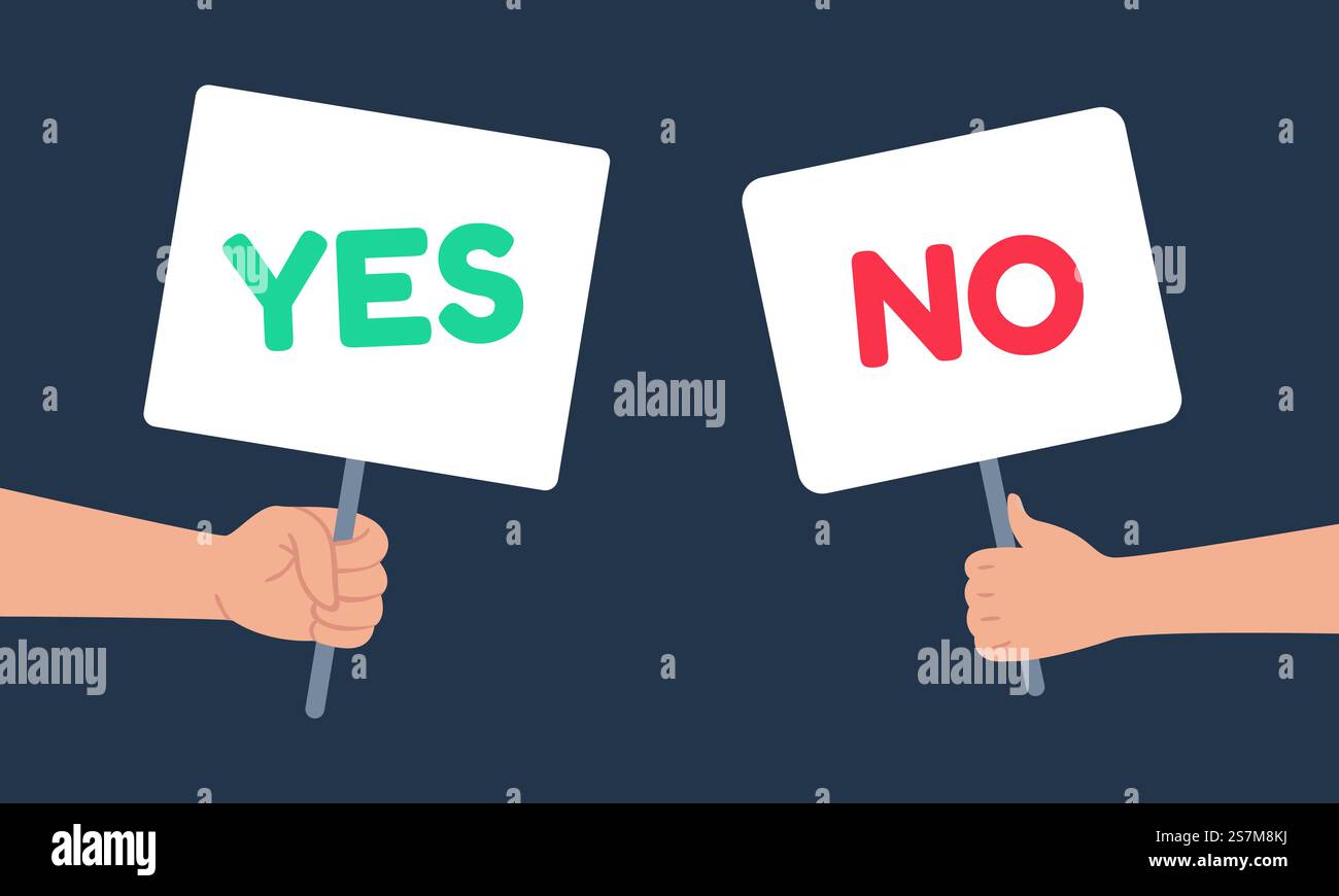 Yes and no signs banner in human hand. People having choice, hesitate ...