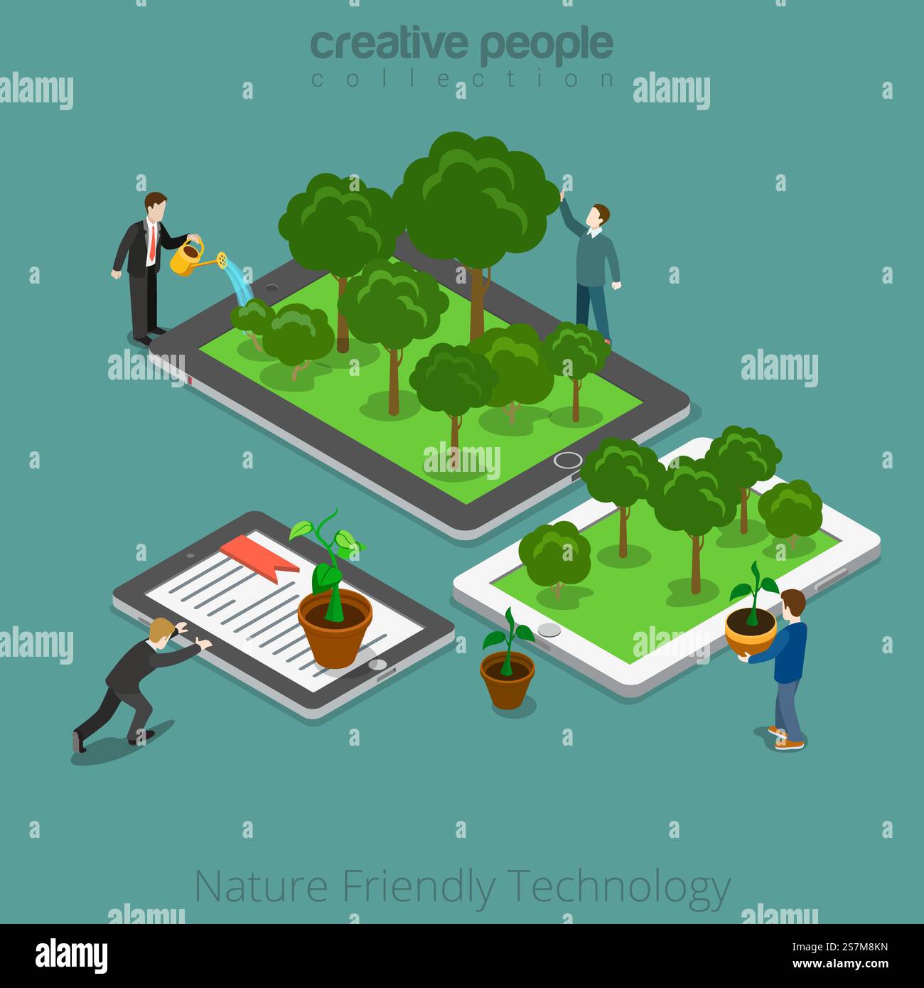 Isometric flat People growing up plants on their tablets and ...