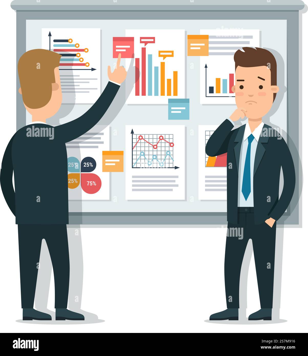 Flat young businesspeople studying and thinking on report indicators ...