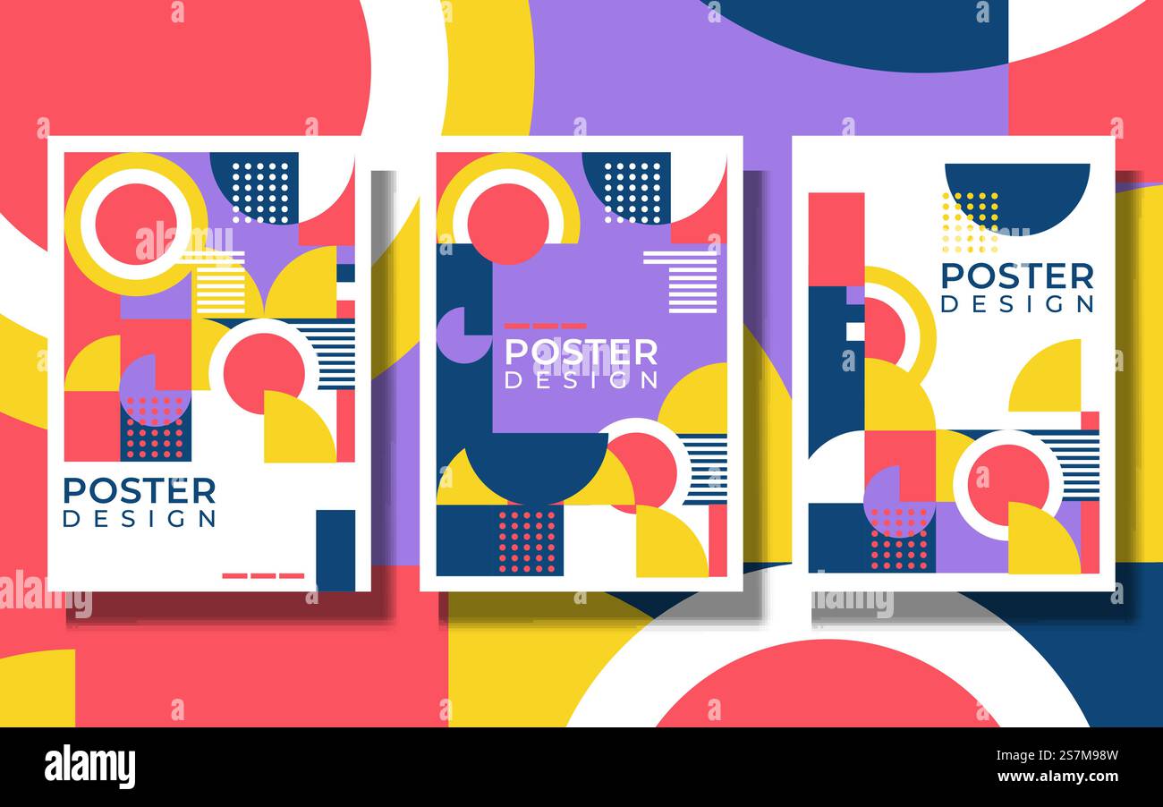 Abstract Bauhaus geometric pattern background, vector circle, triangle and square lines color ...