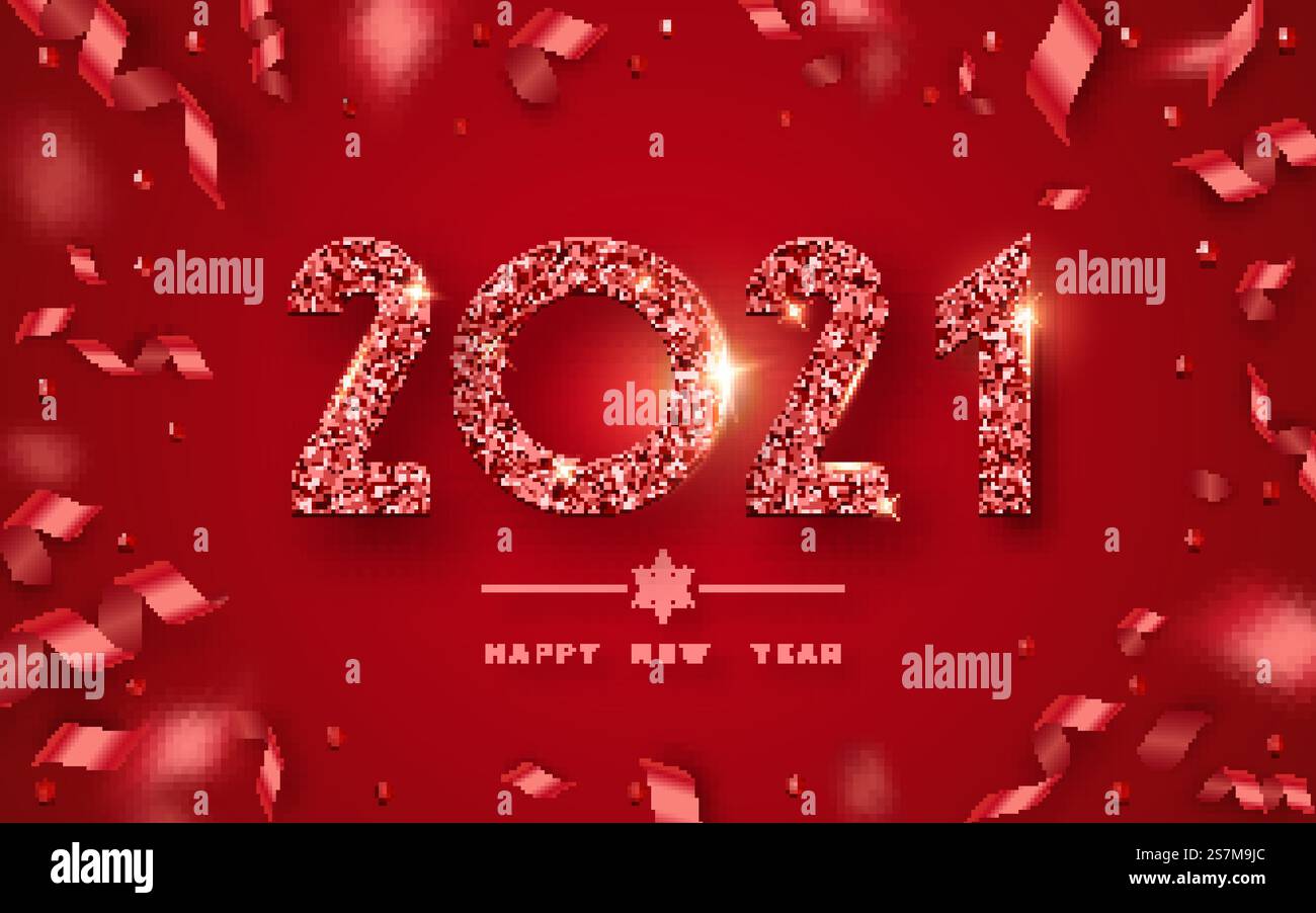 Happy New Year 2021. Background with shining numerals and ribbons. New ...