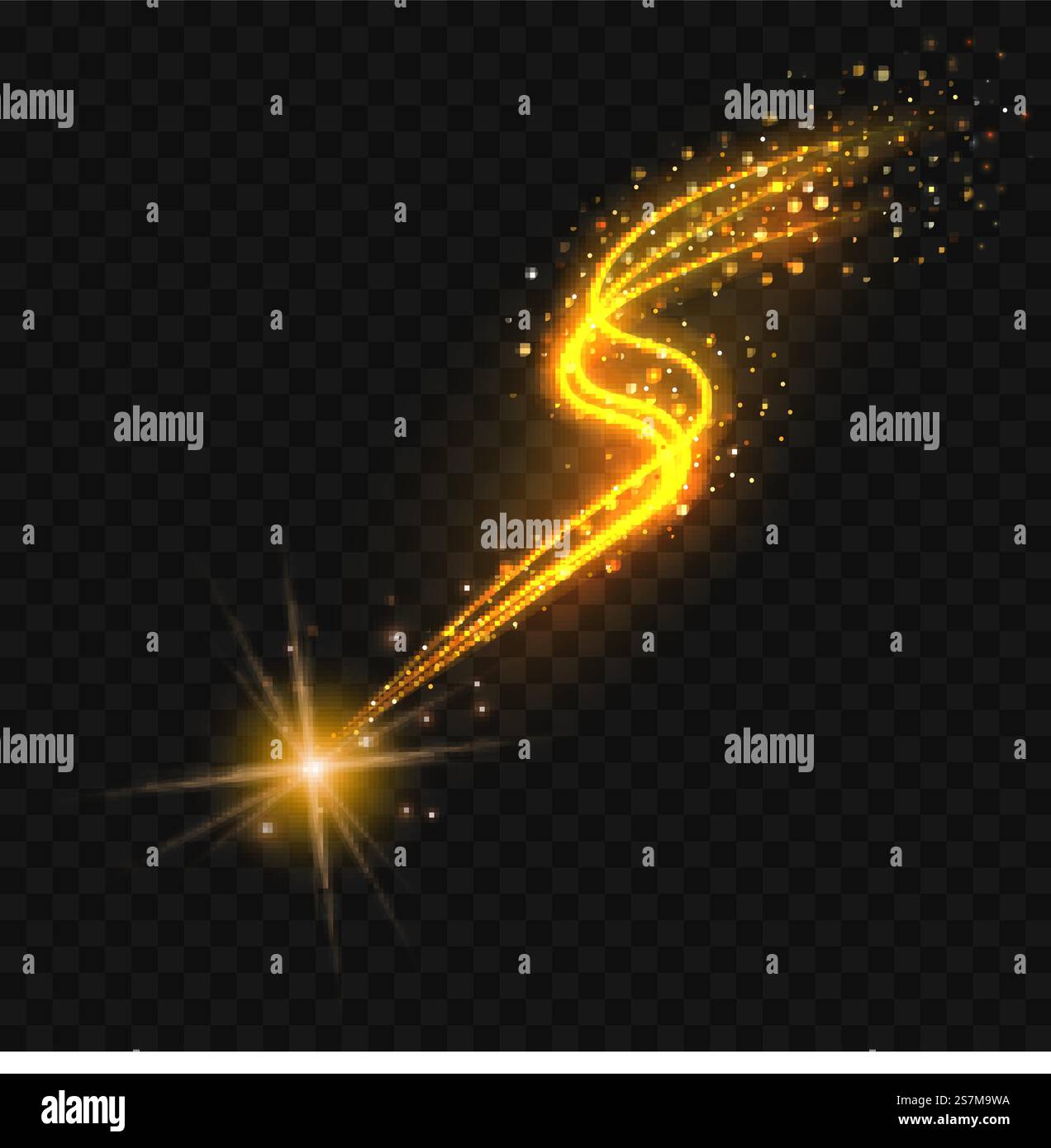 Gold Falling star with glittering trail. Abstract golden lines on black ...