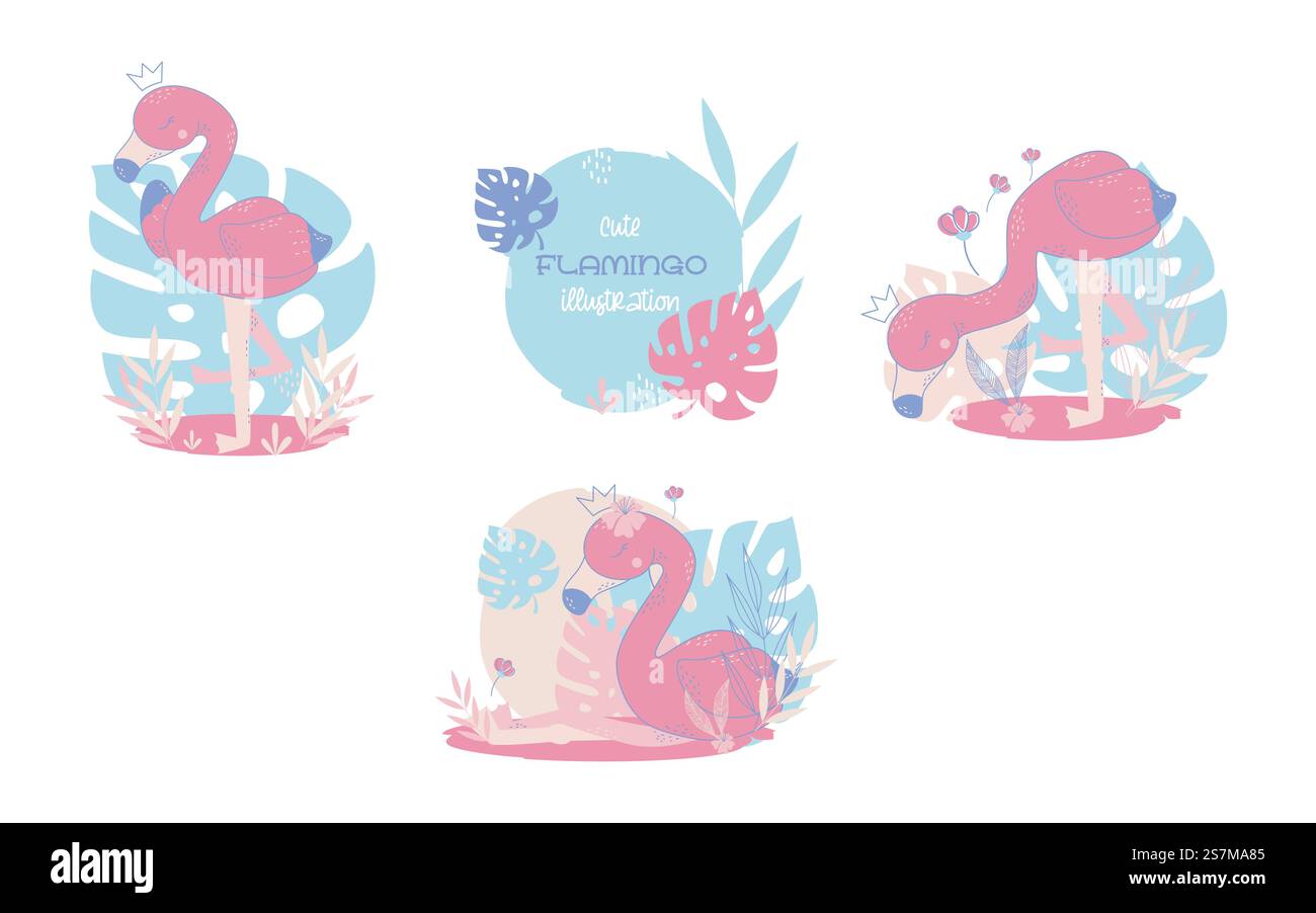 Collection of cute flamingos cartoon animals. Vector illustration Stock ...