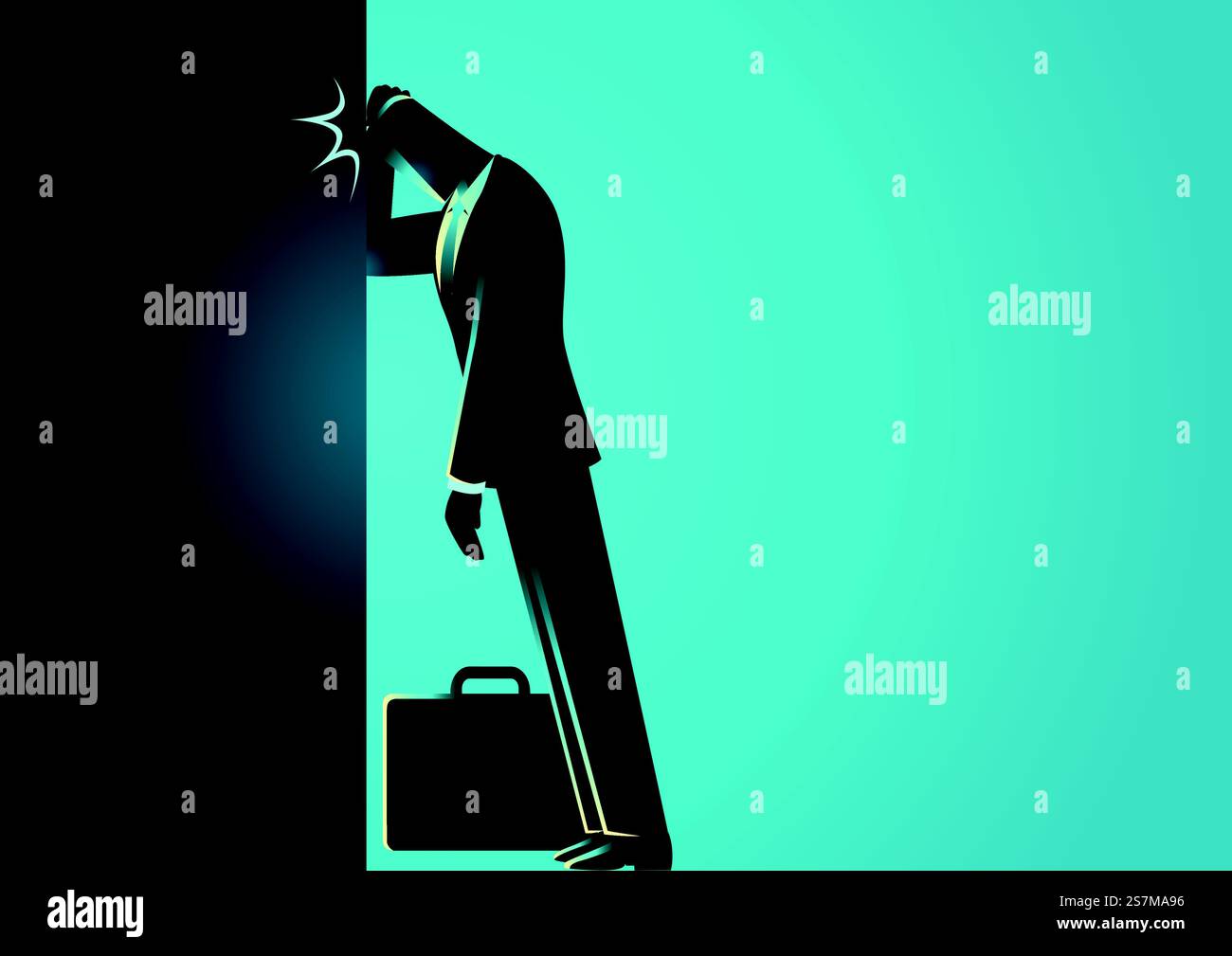 Businessman leaning his forehead against wall, business failure, stupid ...