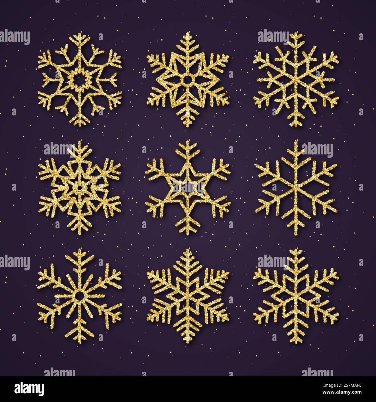Christmas golden glitter snowflakes set. Winter collection of gold ...