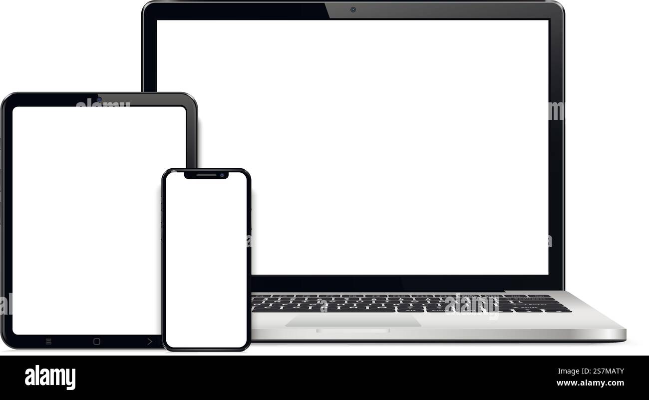 Realistic set computer, laptop, tablet and smartphone. Device screen ...