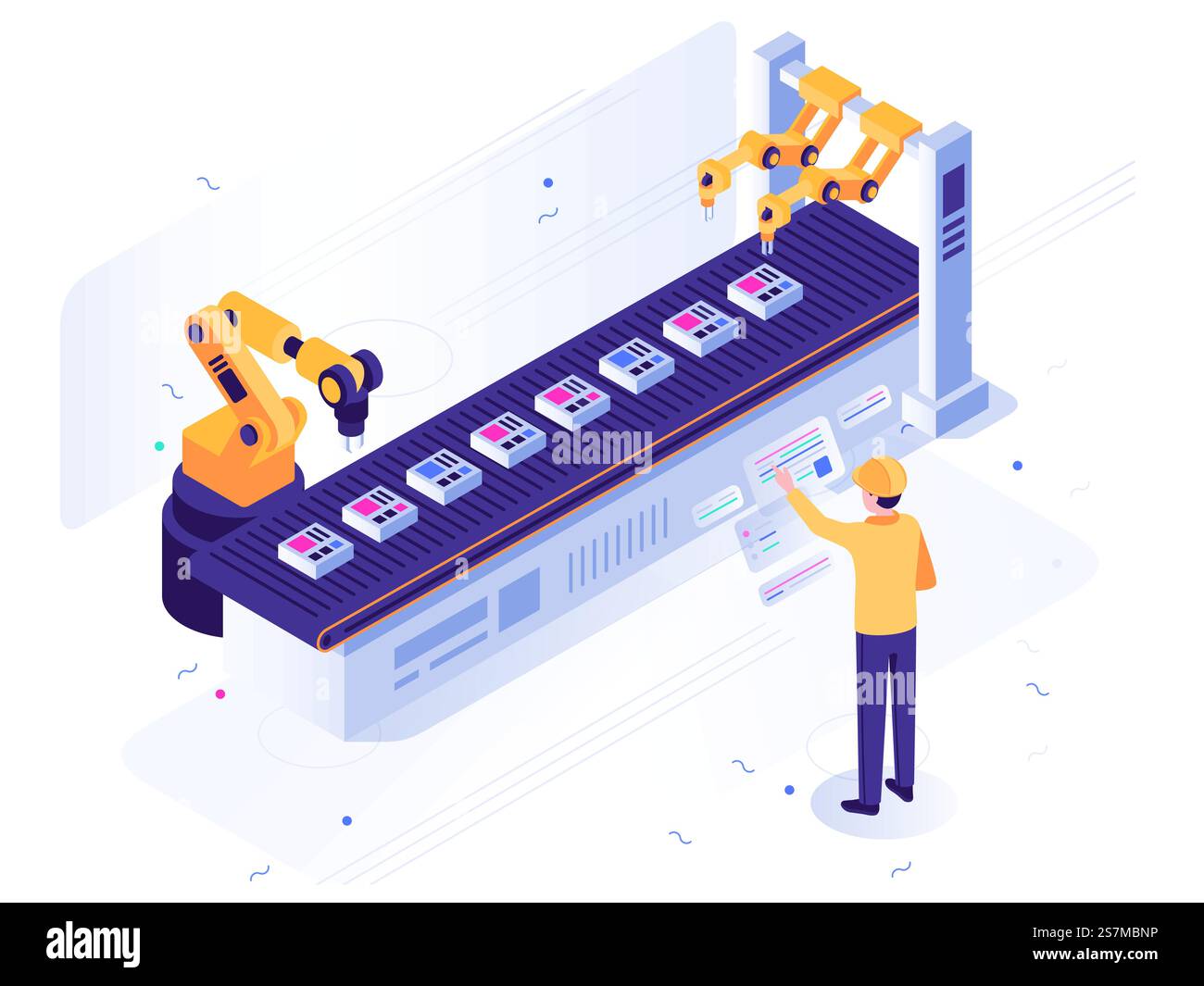 Isometric robotic factory. Engineer operates robotic conveyor ...
