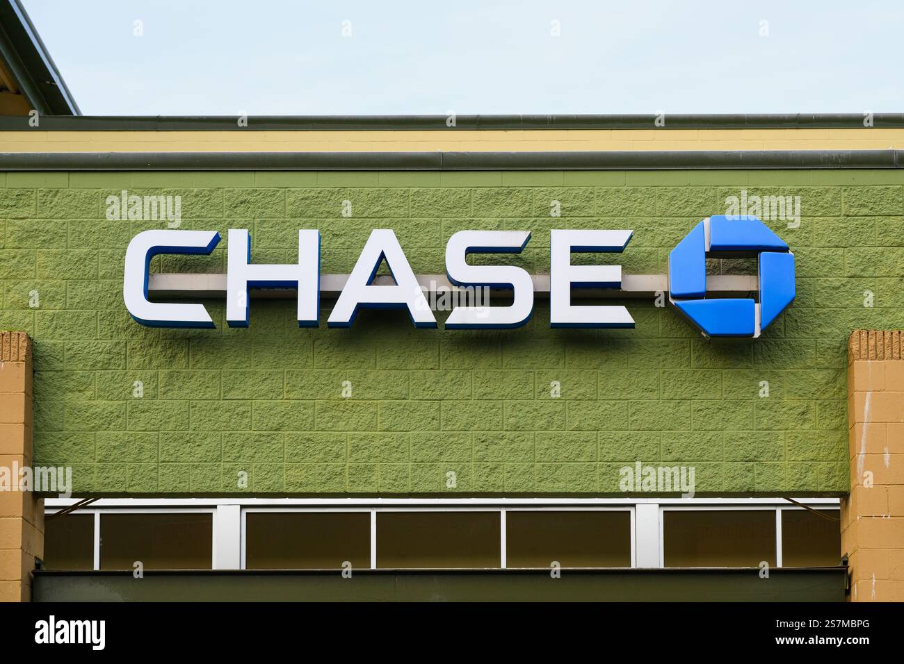 Redmond, WA, USA - January 18, 2025; Chase bank business sign with blue ...