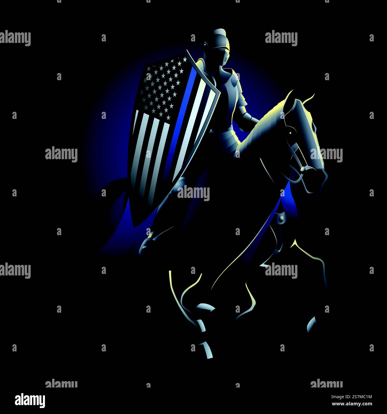 Mounted knight carrying shield with thin blue line USA flag. The Thin ...