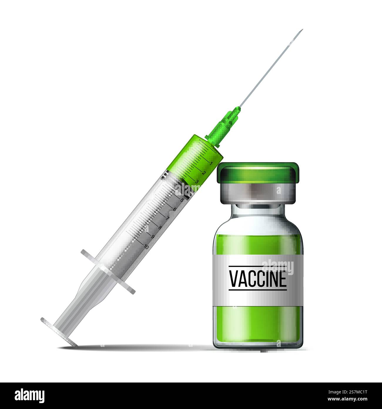 Plastic medical syringe with needle, drop and vial serum against Covid ...