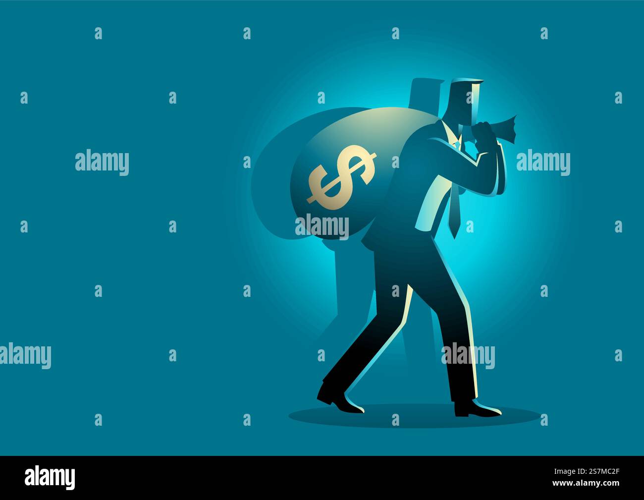 Vector illustration of businessman carrying money bag on his shoulder ...