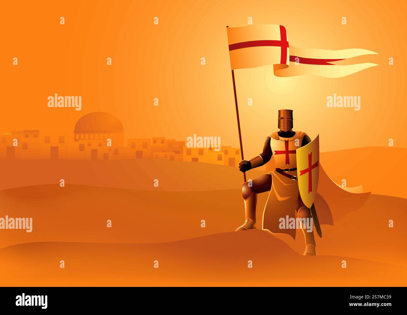 Vector illustration of Templar Knight holding a flag and shield Stock ...