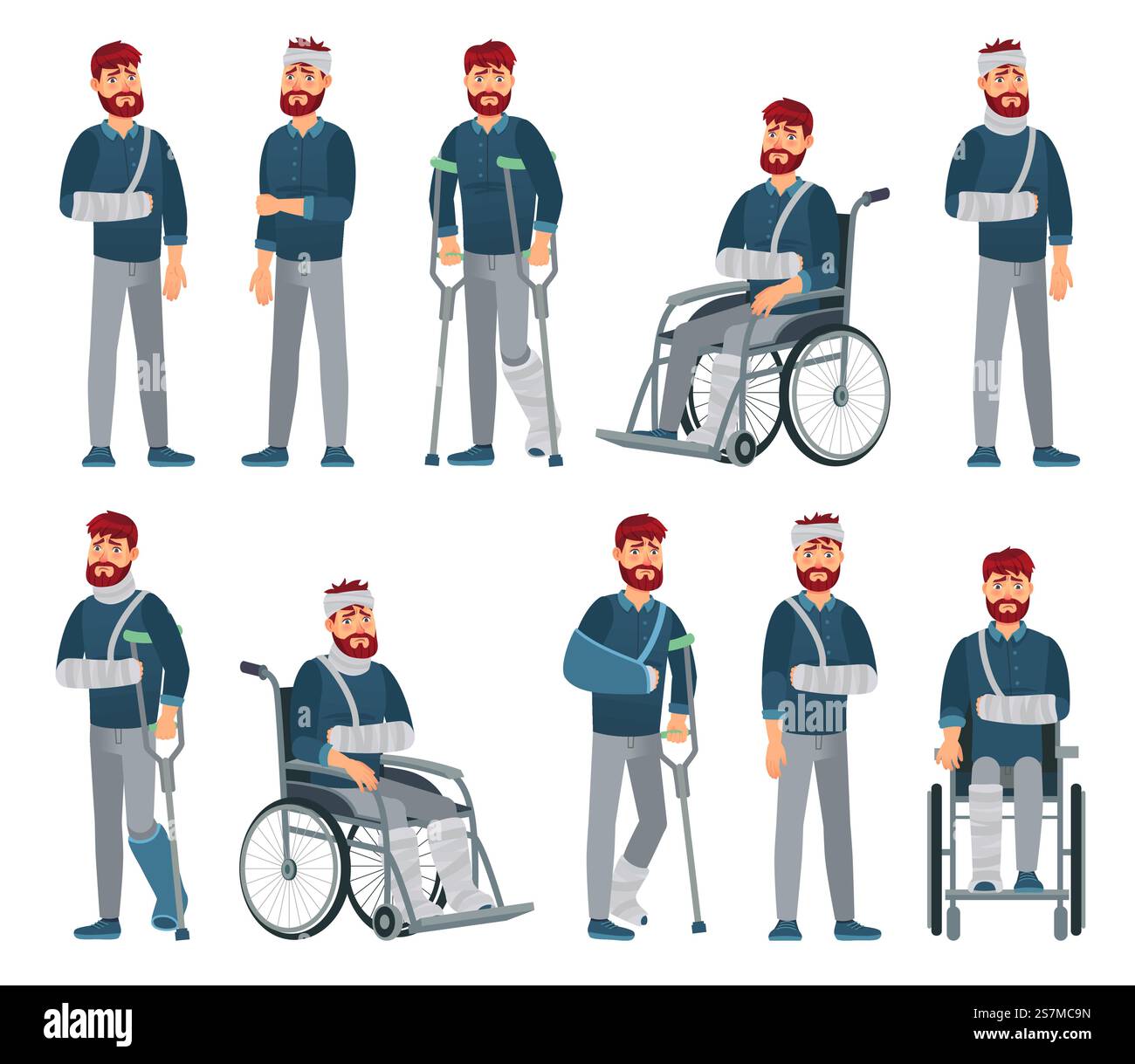 Man with injury. Wheelchair man with broken arm and leg in gypsum. Sad ...