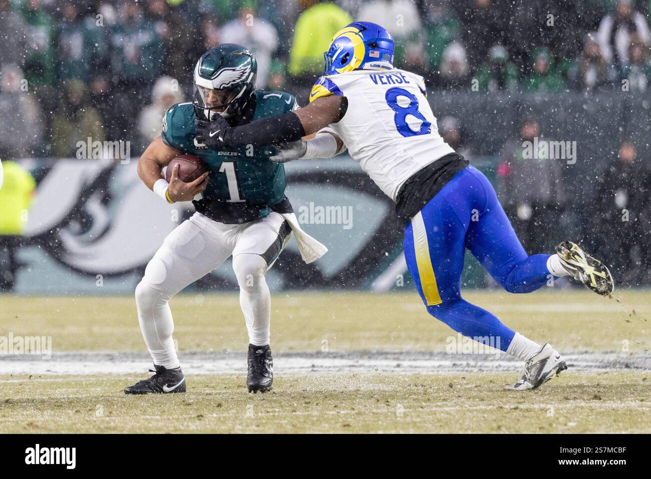 Los Angeles Rams linebacker Jared Verse (8) sacks Philadelphia Eagles ...