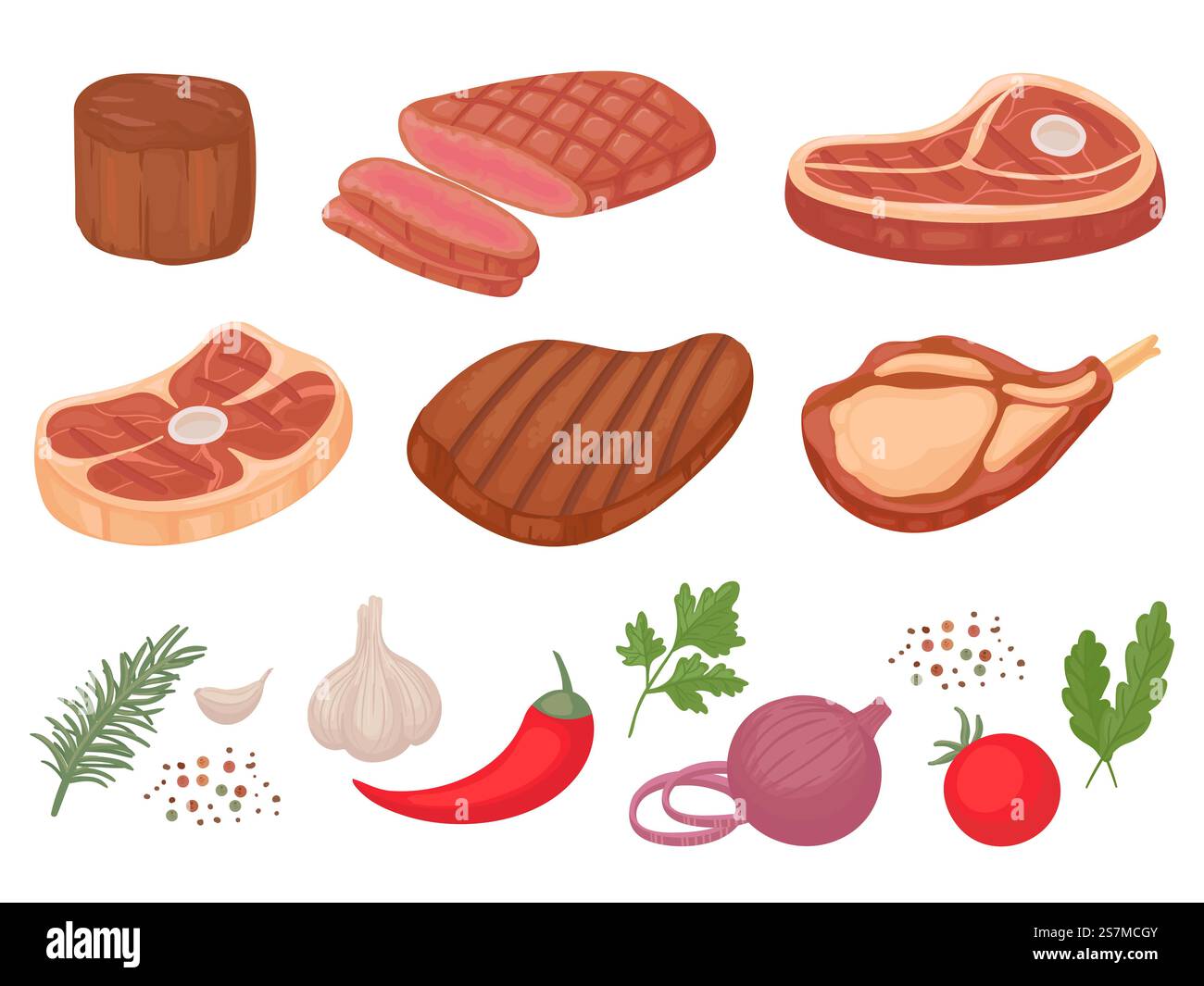 Cartoon beef steaks. Grilled steak, beef meats and filet mignon. Pepper ...