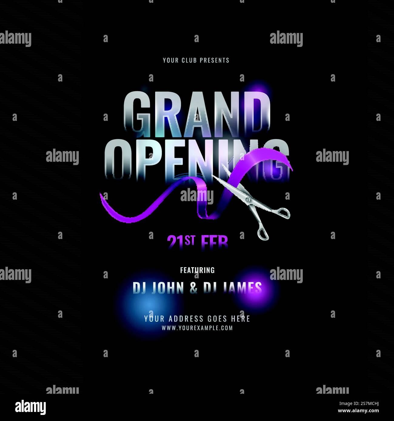 Grand Opening Party Flyer Design With Silver Scissors Cutting Ribbon On ...