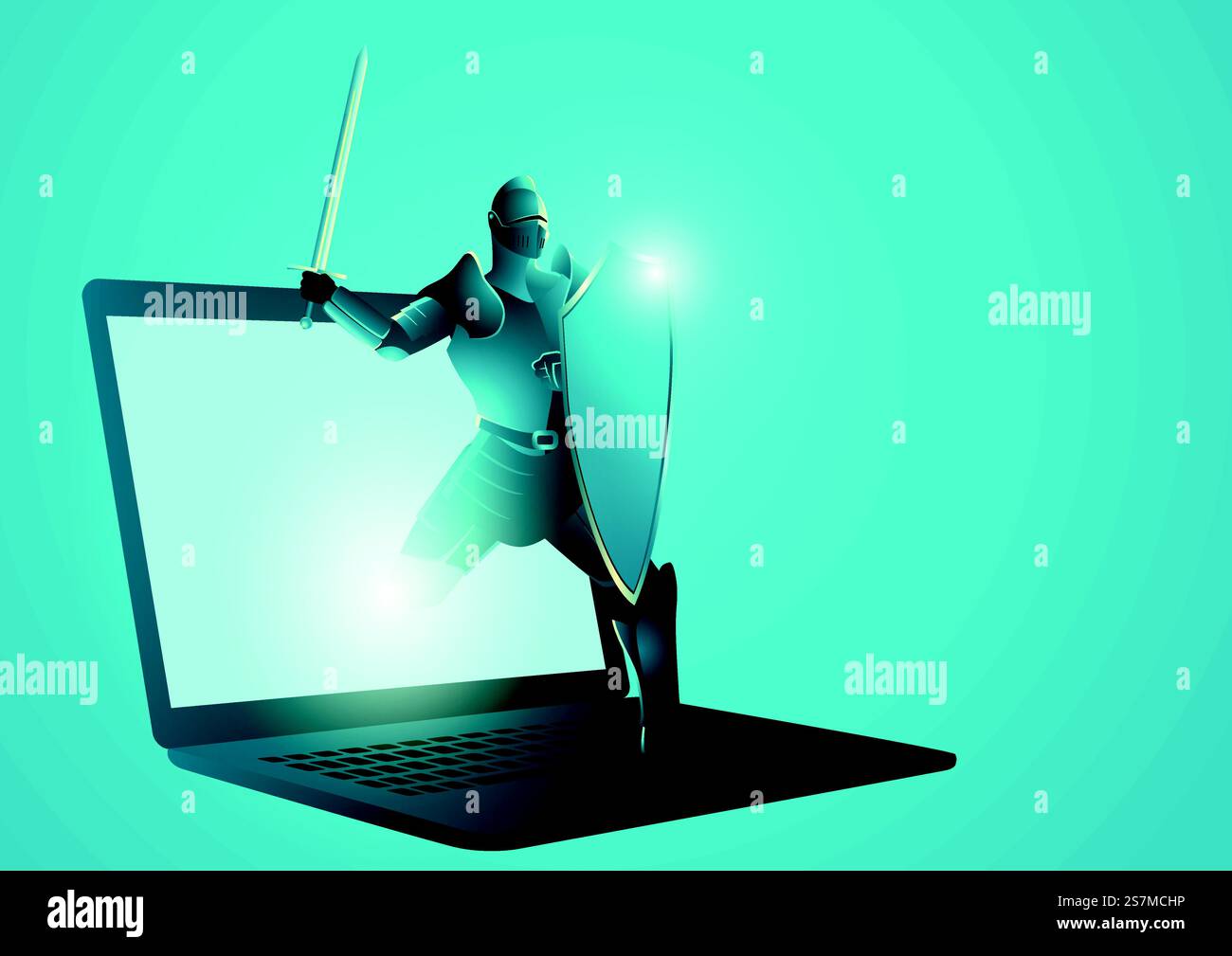 Vector illustration of a knight with shield and sword appearing from ...