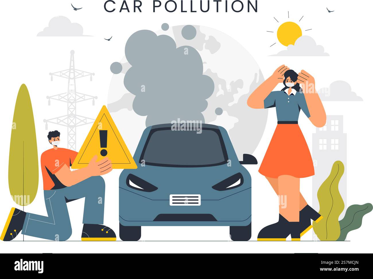 Car Air Pollution Vector Illustration featuring a Polluted Urban ...