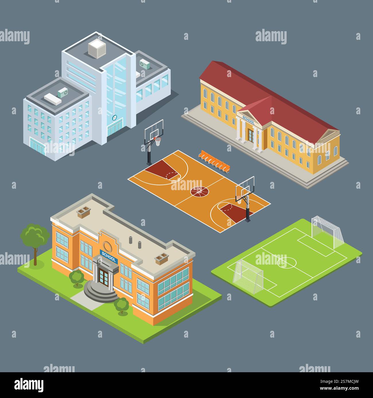 Flat isometric set of school buildings, basketball field and soccer ...