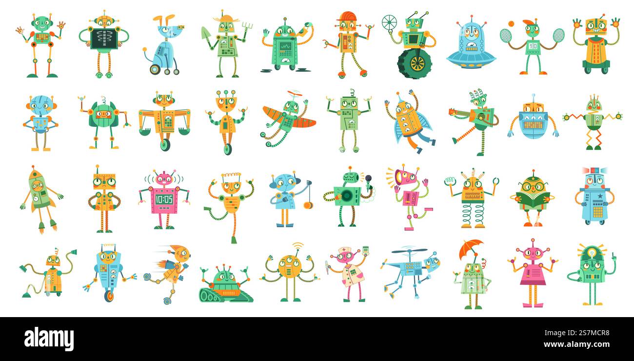 Cartoon robots. Cute robot toy for kids, robotics science and ...