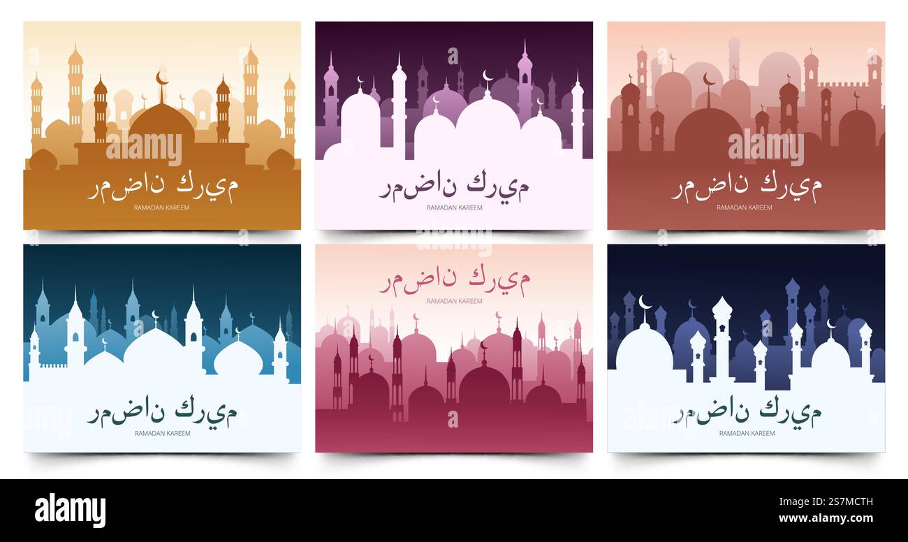 Ramadan kareem backgrounds. Greating cards with mosques silhouettes ...