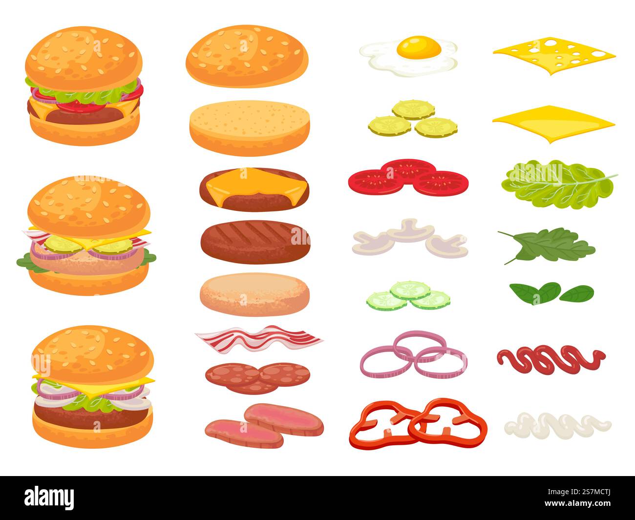 Cartoon burger ingredients. Hamburger, chop bun and tomato. Ham, fresh ...