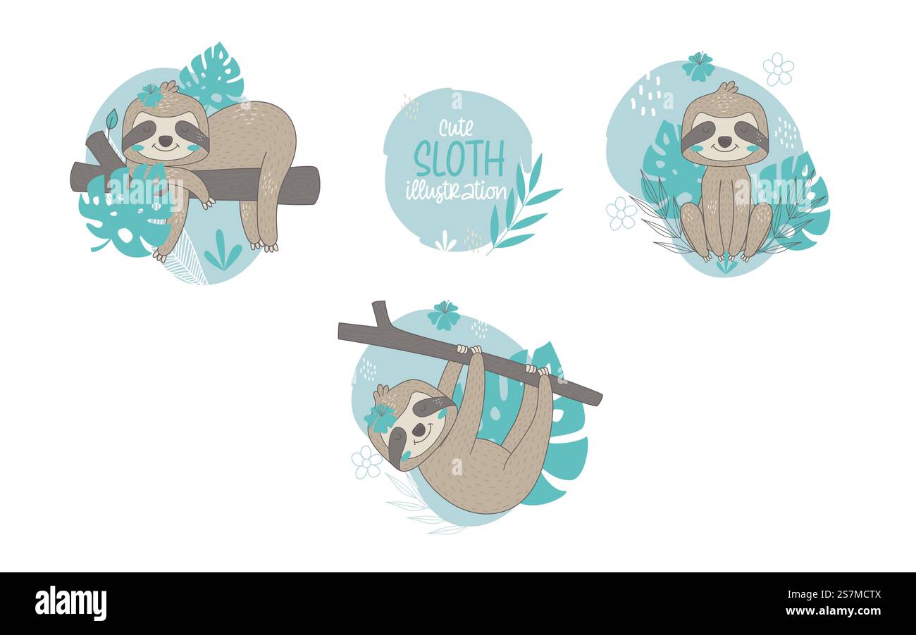 Collection of cute sloths cartoon animals. Vector illustration Stock ...