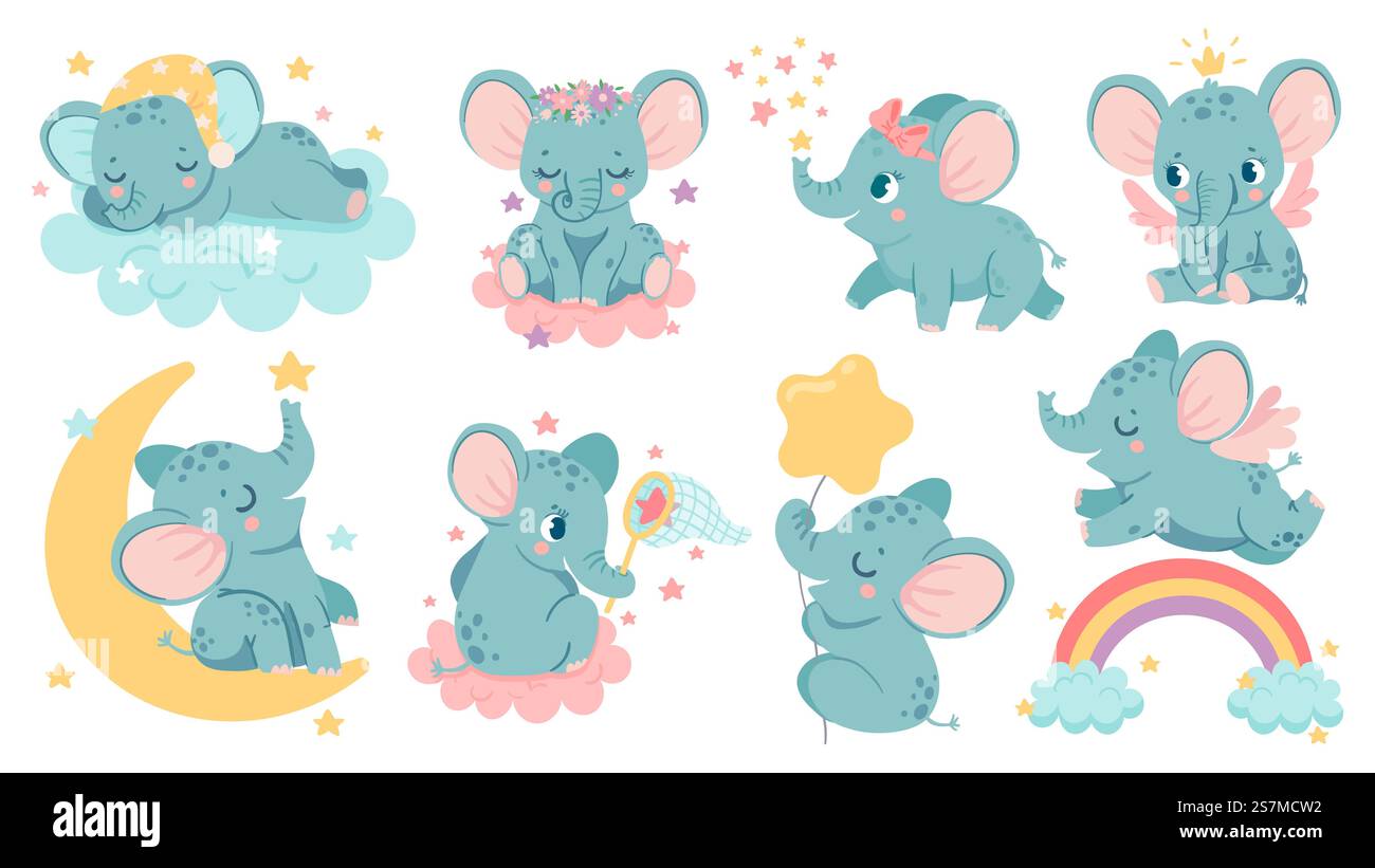 Dreaming elephant. Baby elephants sleep on cloud and moon, catch star ...