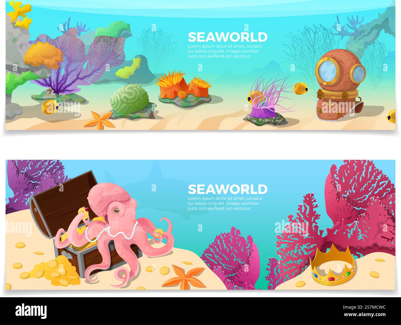 Seaworld word on underwater background vector illustration set. Crown ...